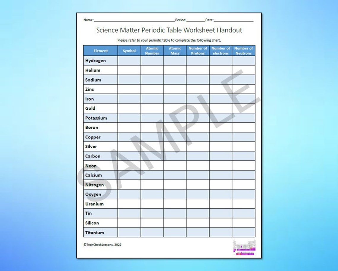 Periodic Table Elements Worksheet - Science, Chemistry & Matter ...