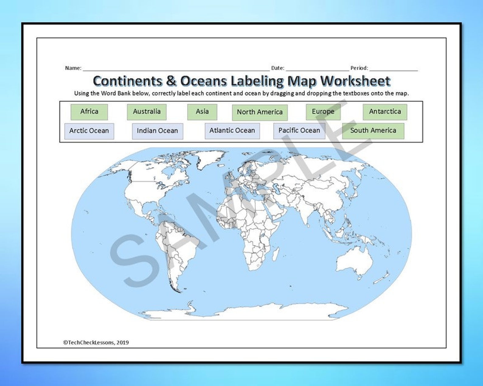 Continents & Oceans Labeling Worksheet Map Editable DIGITAL DOWNLOAD - Etsy