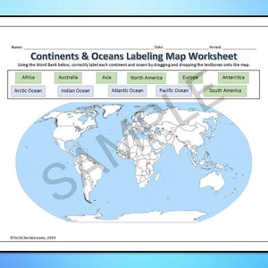 Continents & Oceans Labeling Worksheet Map Editable DIGITAL DOWNLOAD - Etsy