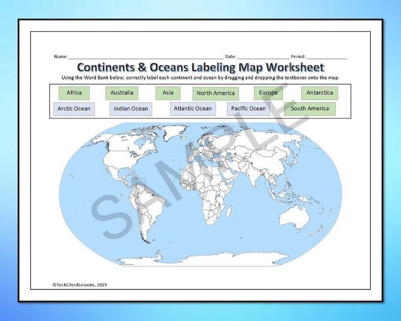 Continents & Oceans Labeling Worksheet Map Editable DIGITAL DOWNLOAD - Etsy