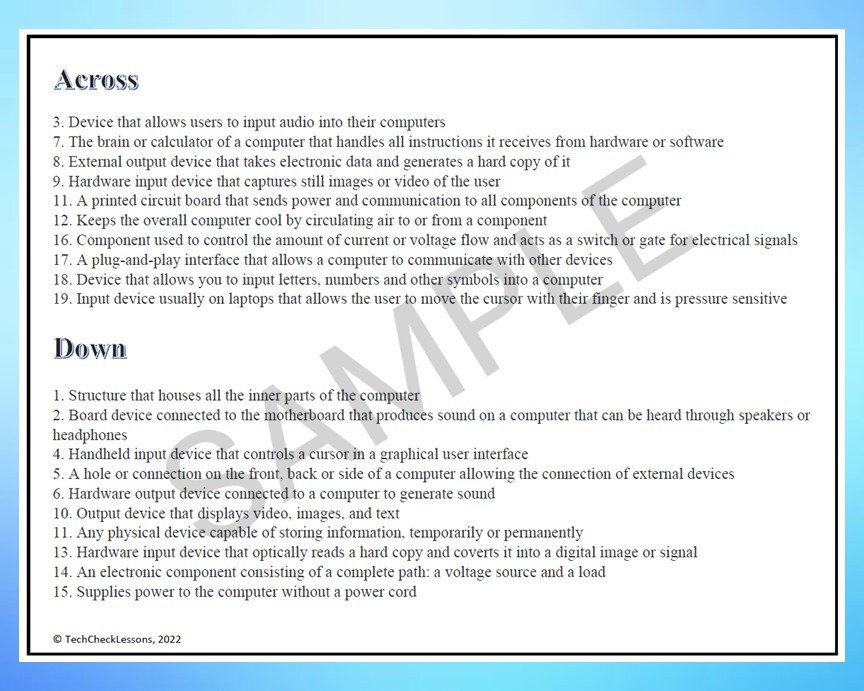 Computer Hardware Parts - Crossword Puzzle Worksheet - DIGITAL DOWNLOAD ...