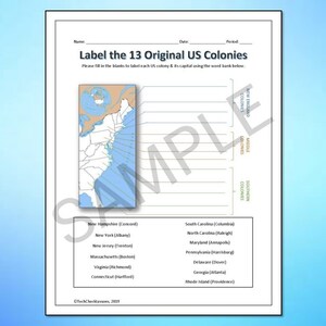 13 US Colonies & Their Capitals Labeling Worksheet Map - Editable ...