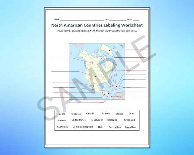 Hoja de trabajo de etiquetado de países de América del Norte Geografía ...
