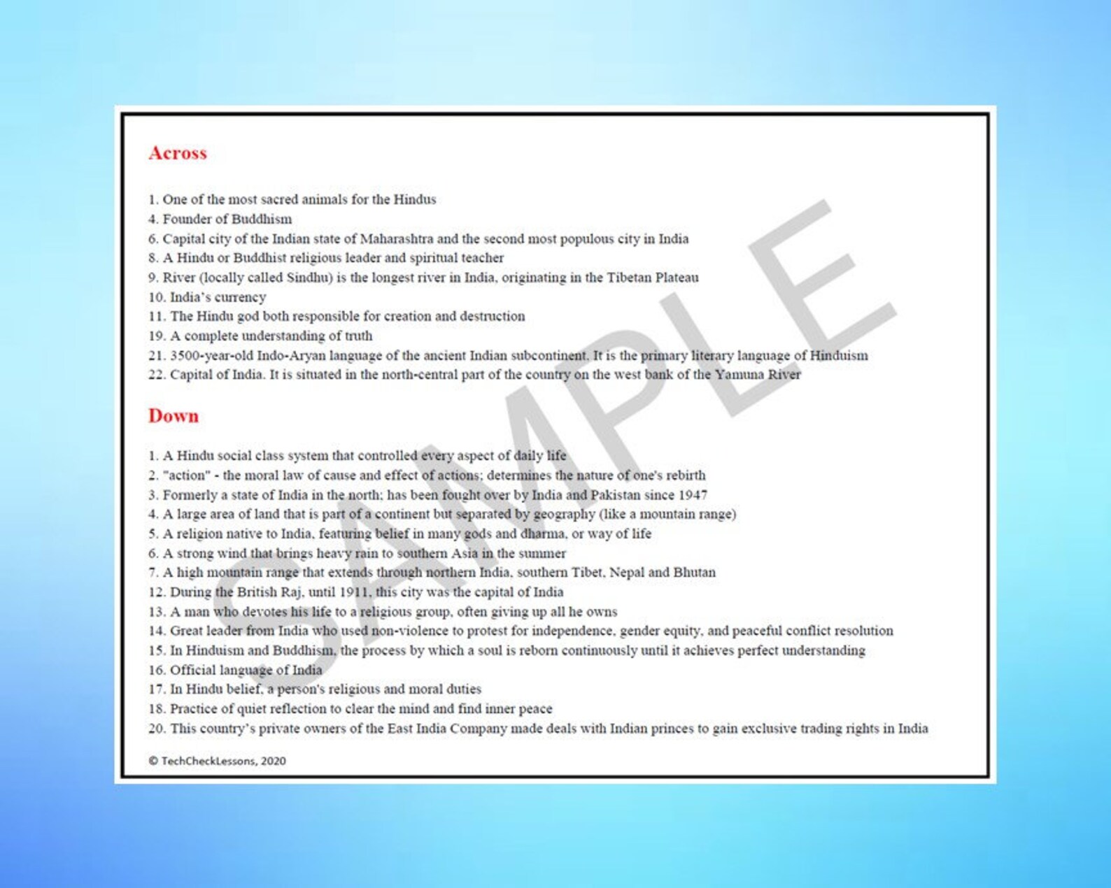 All About India Crossword Puzzle Worksheet DIGITAL DOWNLOAD - Etsy