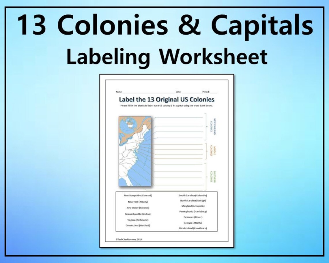 13 US Colonies & Their Capitals Labeling Worksheet Map - Editable ...