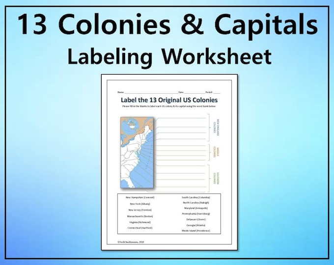 13 US Colonies & Their Capitals Labeling Worksheet Map - Editable ...