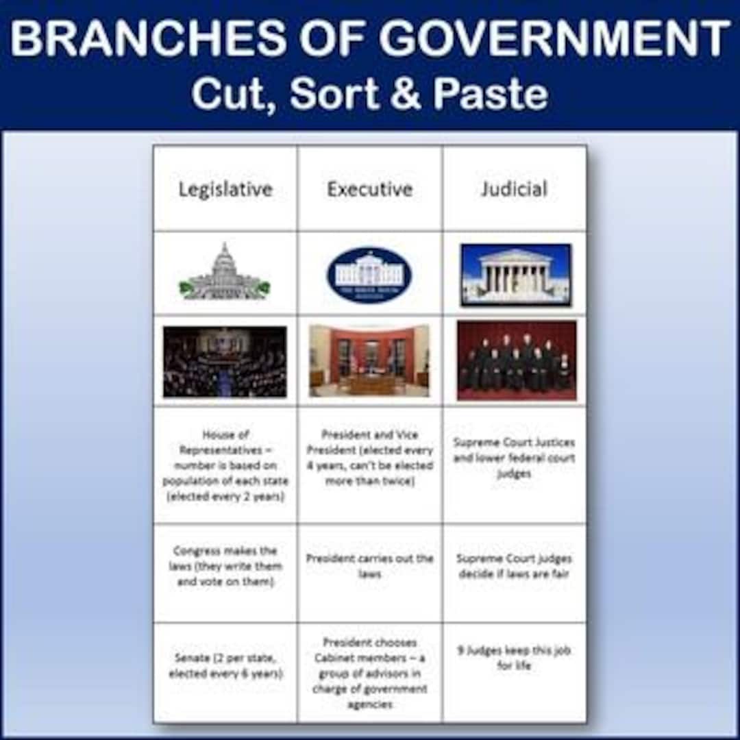 Branches of U.S. Government Cut, Sort and Paste Worksheet - Graphic ...
