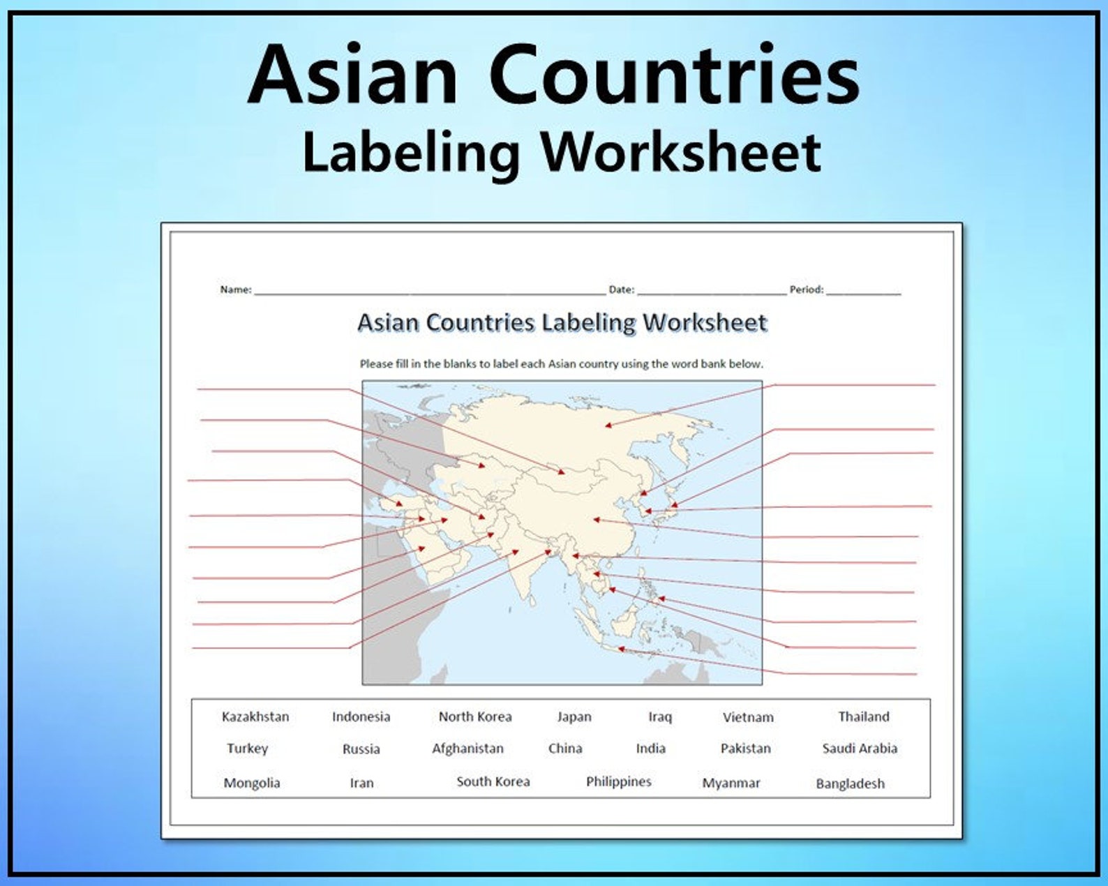 Asian Countries Labeling Worksheet - Geography Editable DIGITAL ...
