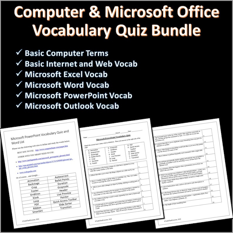 6 Computer & Microsoft Office Vocabulary Quizzes - Editable Bundle - Etsy