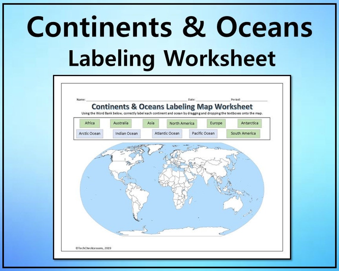 Continents & Oceans Labeling Worksheet Map Editable DIGITAL DOWNLOAD - Etsy