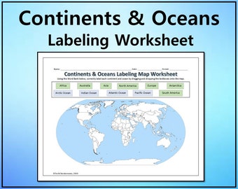 Continents & Oceans Labeling Worksheet Map Editable DIGITAL DOWNLOAD - Etsy