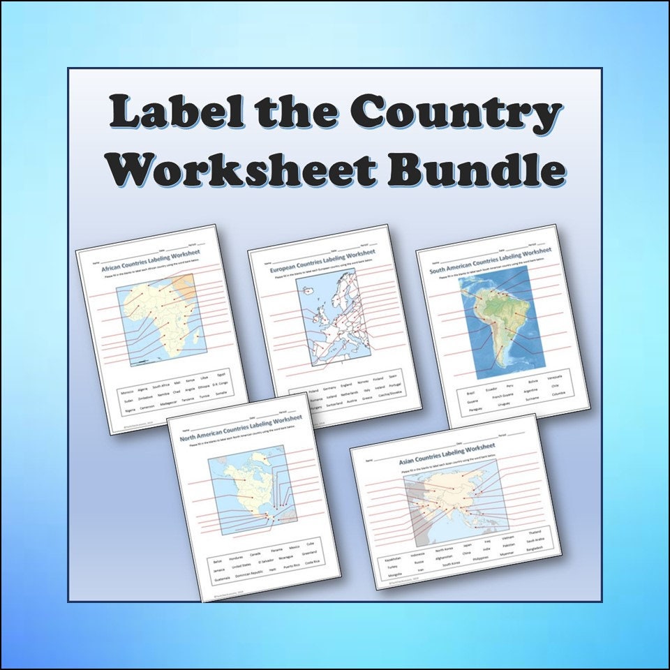 Continent & Countries Labeling Worksheet Bundle (6) - Geography DIGITAL ...