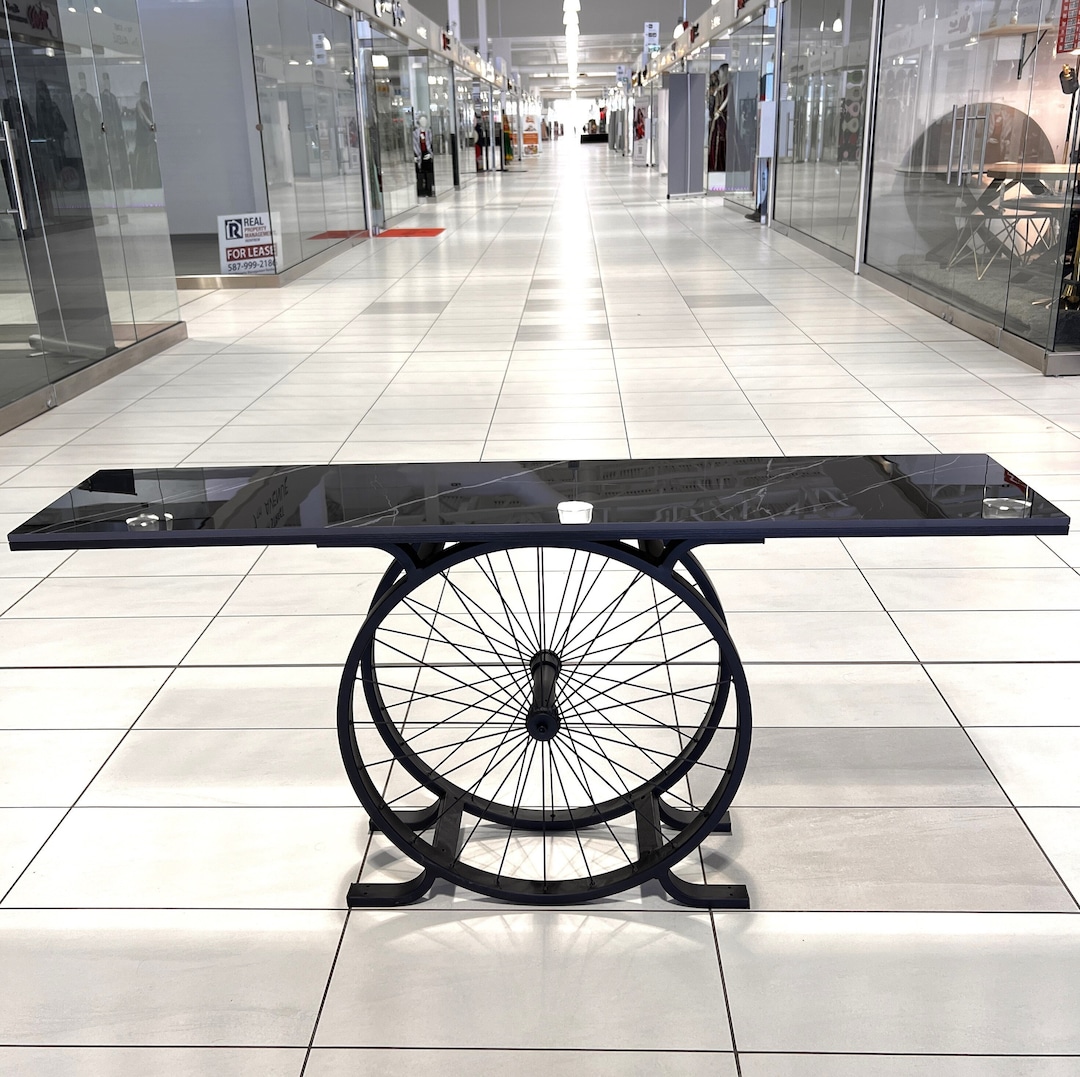 Console Table - Black Marble Tabletop & Bicycle Wheel Shape Metal Base ...