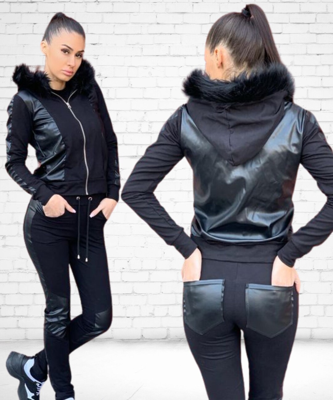 Black Women's Two Piece Tracksuit With Leather Detailing Black Women's ...