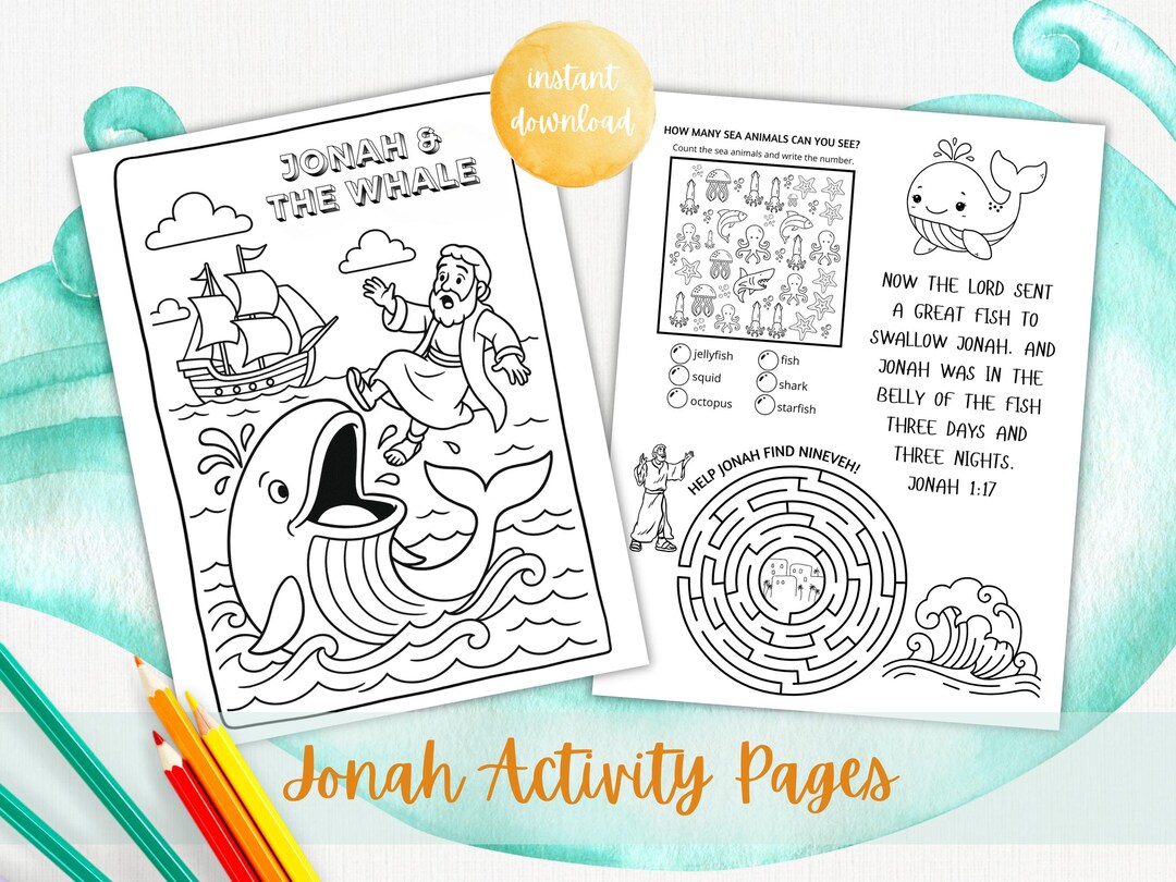 Jonah and the Whale Bible Story Coloring Activity Pages - Etsy