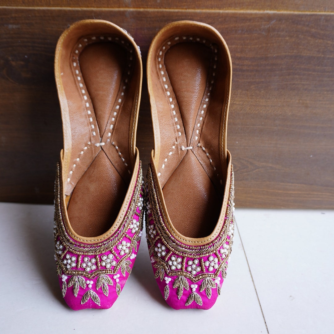 Pink Gold Beaded Bridal Jutti: Handmade Leather Wedding Mojari - Etsy