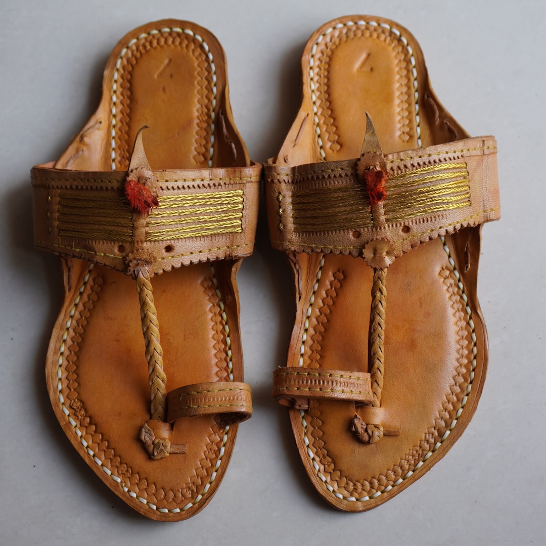 Tan Leather Kolhapuri Chappal Men | Handmade Toe Loop Slip-on ...