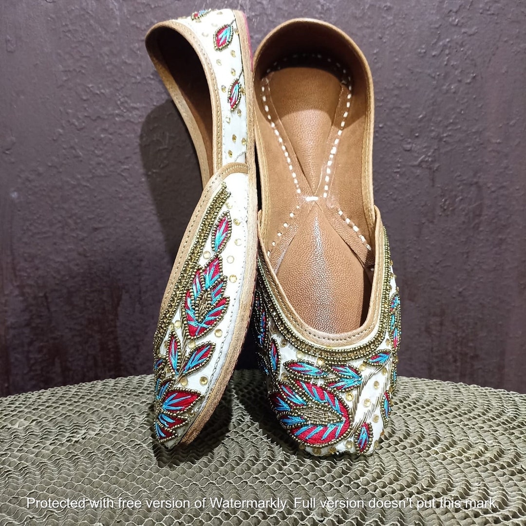 White Leather Khussa Shoes: Handmade Indian Bridal Jutti - Etsy