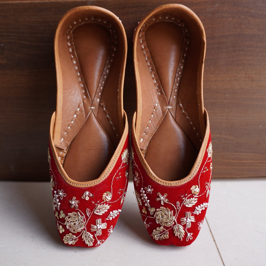 Red Embroidered Leather Punjabi Jutti: Traditional Indian Wedding Shoes ...