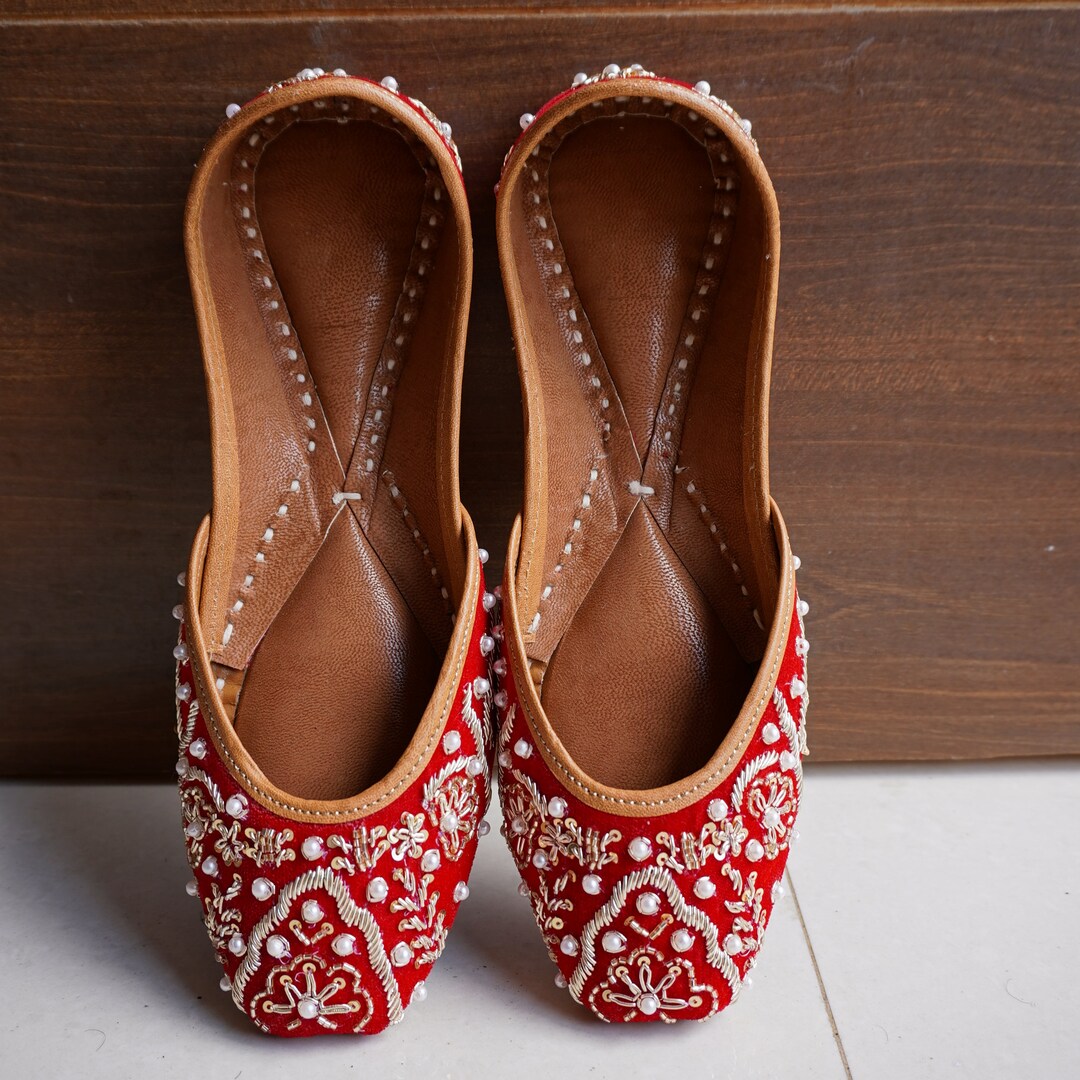 Red Leather Mojari Shoes: Embroidered Punjabi Jutti, Indian Wedding ...