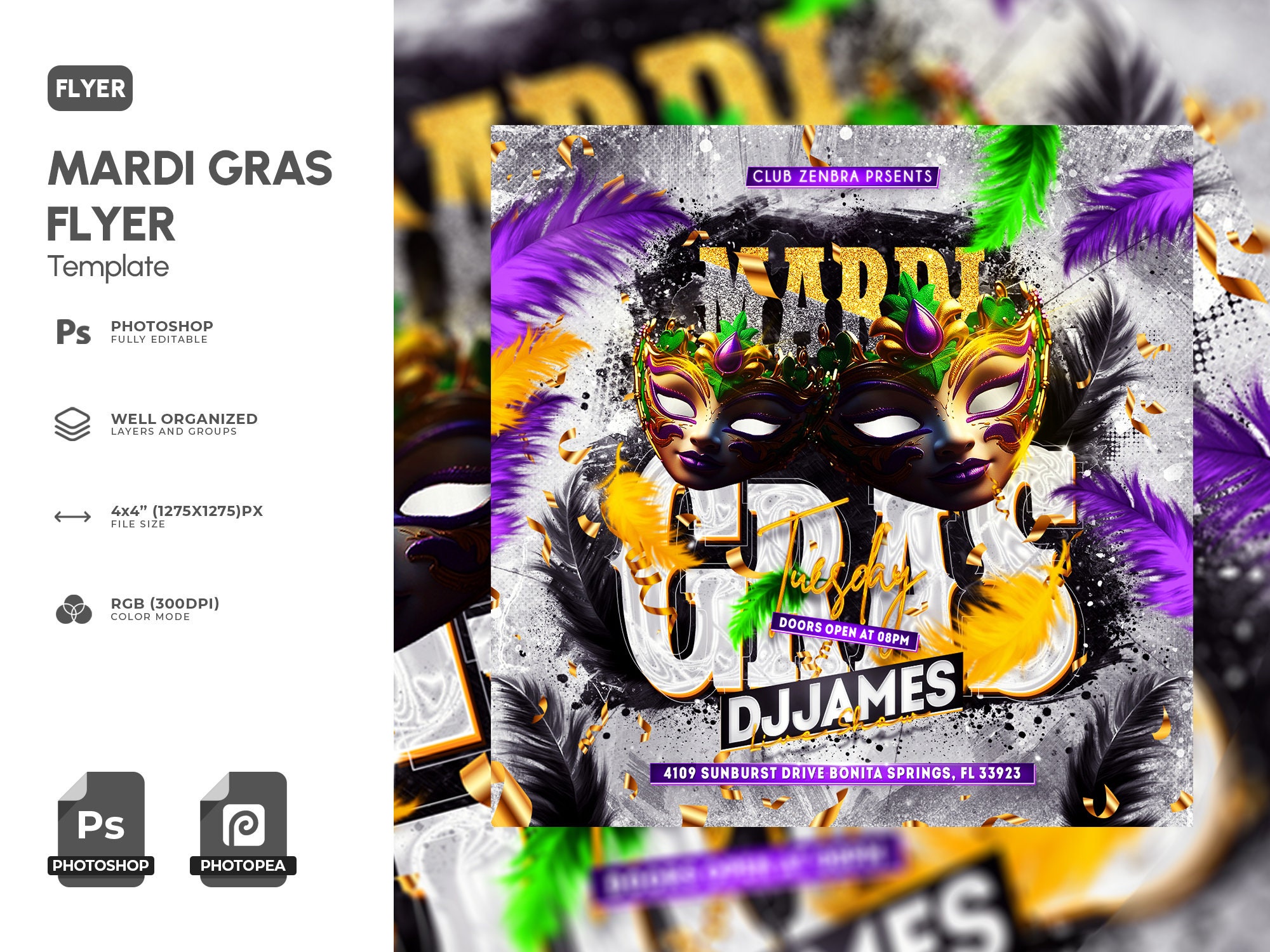 EDITABLE Mardi Gras Carnival Template, Event Flyer, Night Club Invite ...