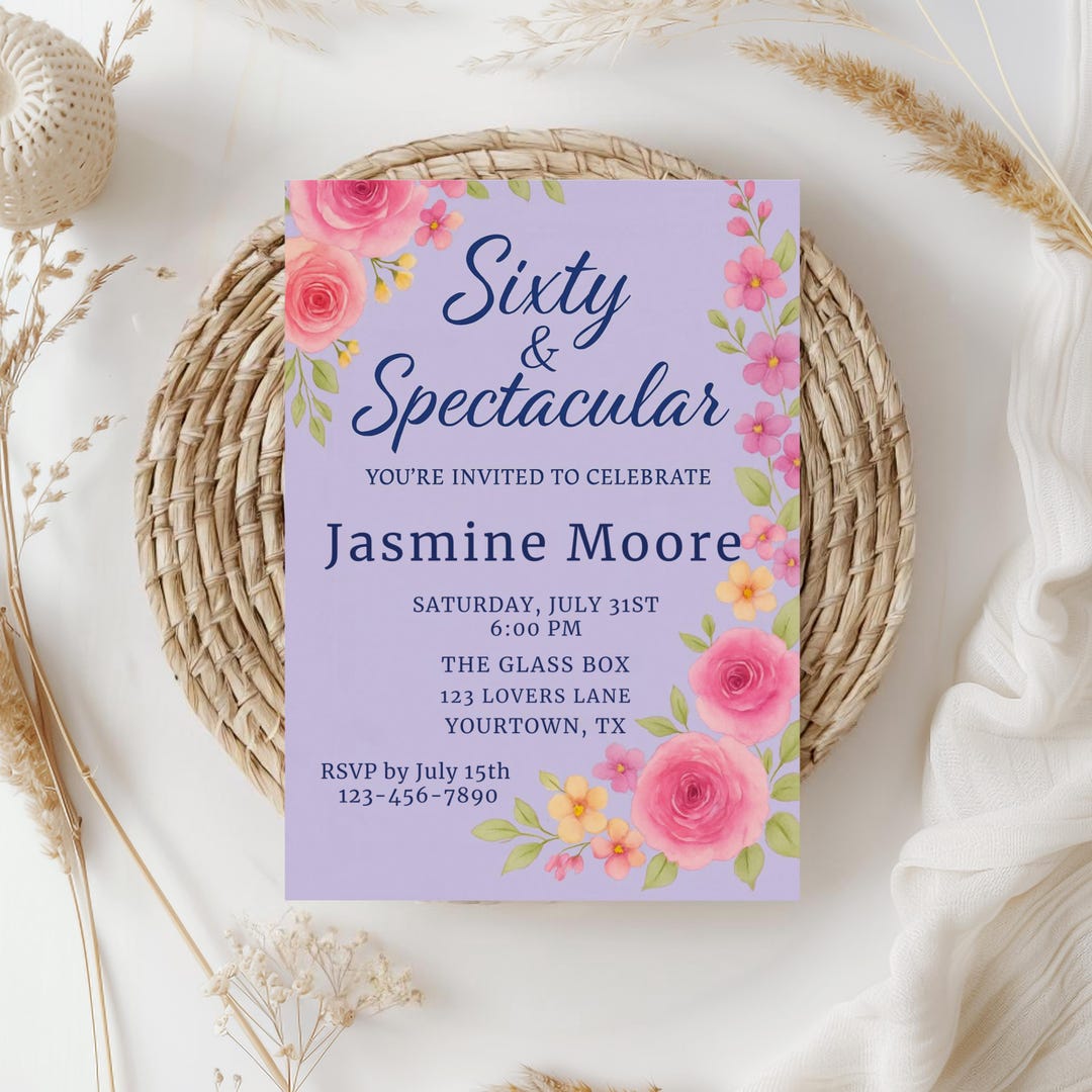 Sixty and Spectacular 60th Birthday Invitation, Floral Digital Invite ...