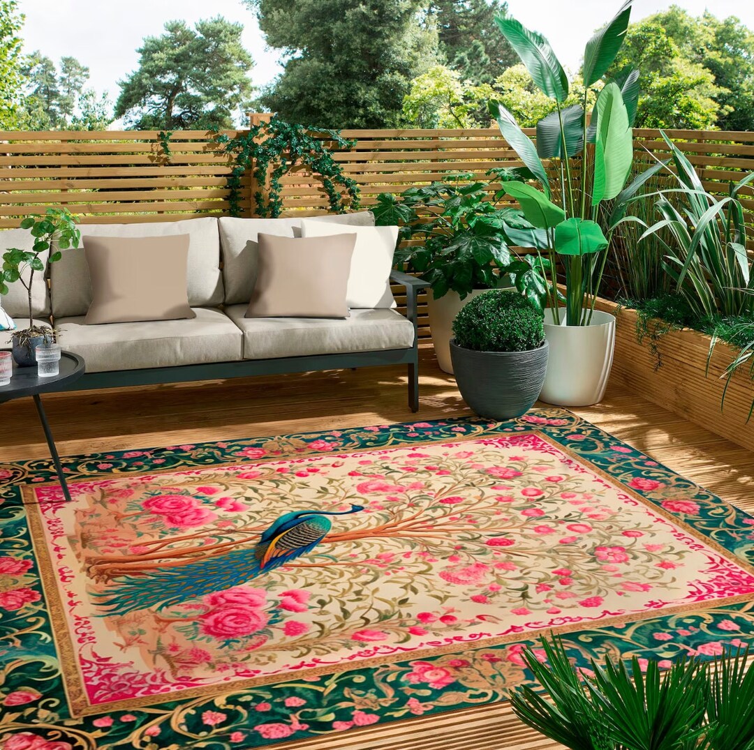 Floral Peacock Rug for Outdoors Magnificent Colourful Peacock Garden ...