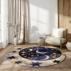 Round Moon Rug for Indoors Celestial Floor Decor With Shimmering Stars ...
