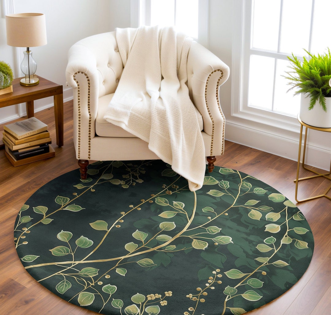 Round Green Leaves Rug for Indoors Floral Art Deco Design Carpet for ...