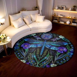 Round Dragonfly Rug for Indoors Blooming Magical Garden Carpet for ...