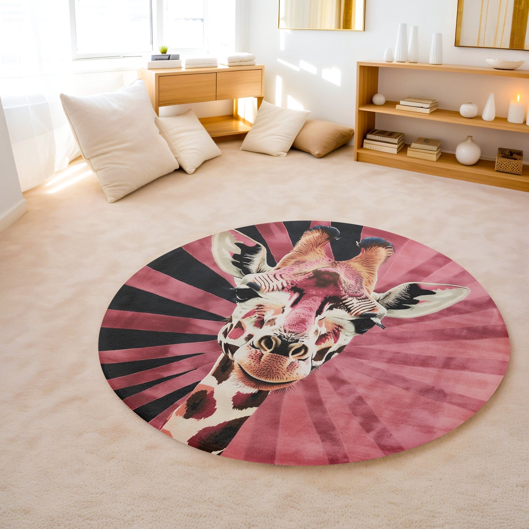 Round Giraffe Rug for Indoors Animalistic Floor Decor Playful Giraffe ...