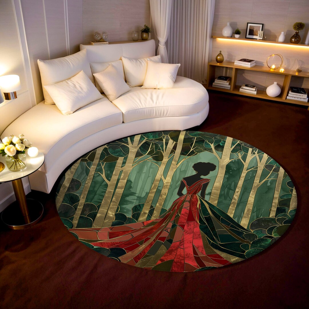 Round Art Deco Forest Rug for Indoors Lush Green Garden Floor Decor ...