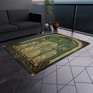 Art Deco Green Leaves Rug for Outdoors Lush Green Garden Oasis Gold ...
