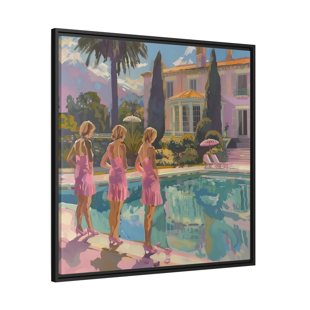Art Deco Poolside Painting on Framed Matte Canvas for Bygone Era Art ...