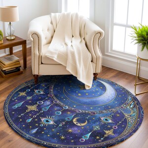 Round Evil Eye Rug for Indoors Celestial Design Blue Floor Decor for ...