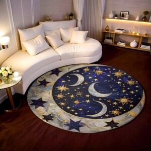 Round Moon Rug for Indoors Celestial Floor Decor With Shimmering Stars ...