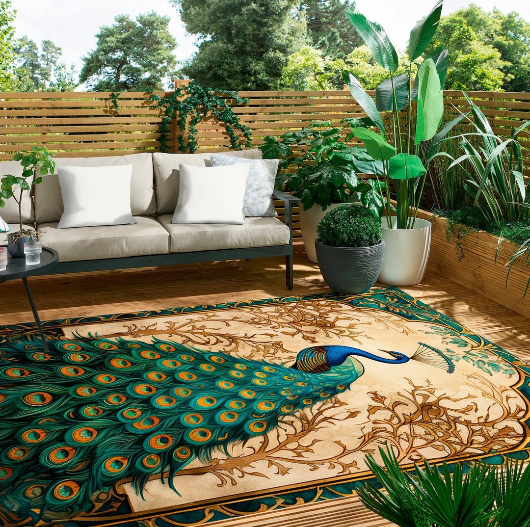 Gold Peacock Rug for Outdoors Magnificent Exotic Bird Floor Decor Quick ...
