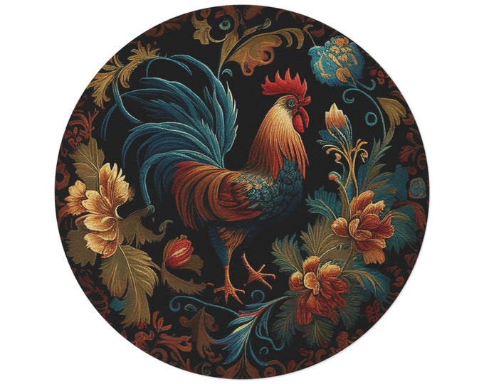 Miniature Round Rug With Roosters and Flowers in 1/24, 1/12 and 1/6 ...