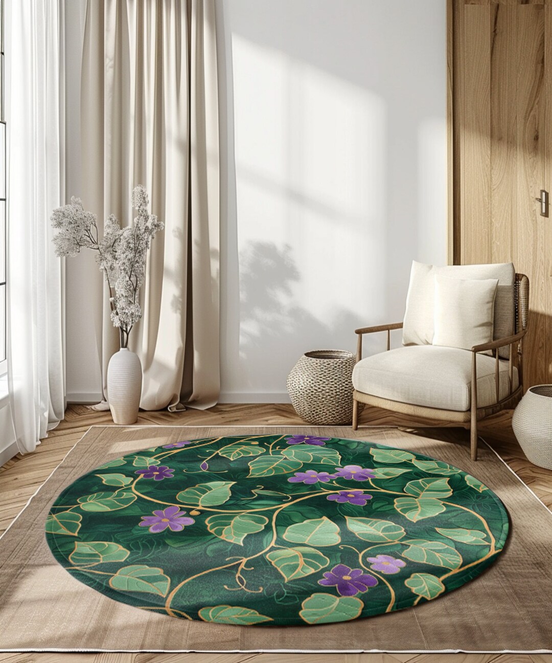Round Green Leaves Rug for Indoors Art Deco Design Carpet for Nature ...