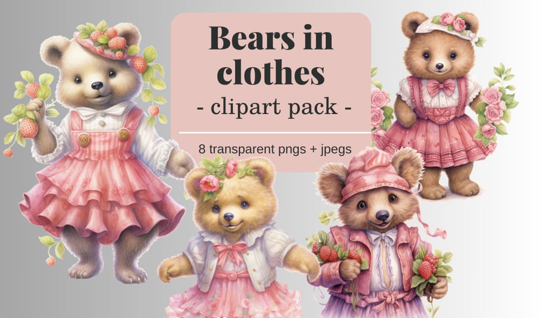 Watercolor Bears in Clothes Clipart Pack, Digital Bear Clipart ...