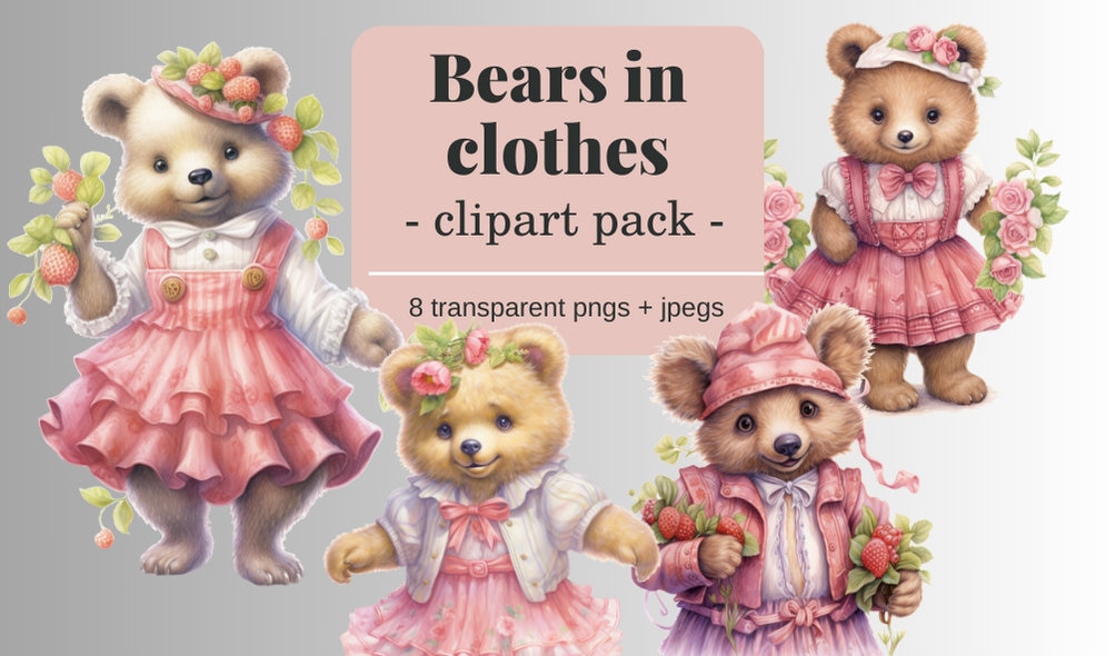 Watercolor Bears in Clothes Clipart Pack Digital Bear - Etsy