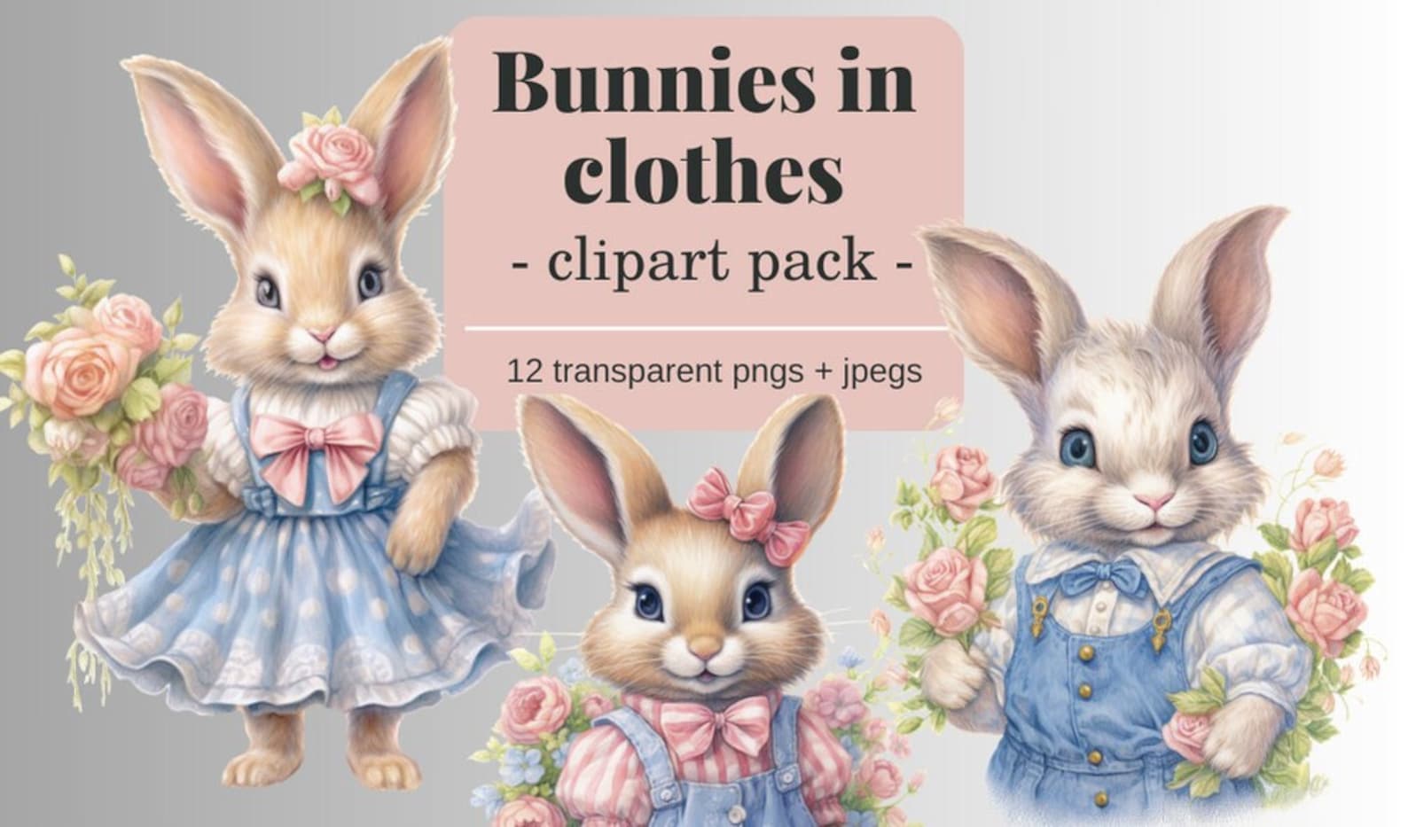 Watercolor Bunnies in Clothes Clipart Pack, Digital Bunny Clipart ...