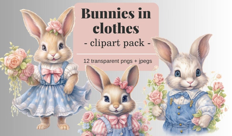 Watercolor Bunnies in Clothes Clipart Pack, Digital Bunny Clipart ...
