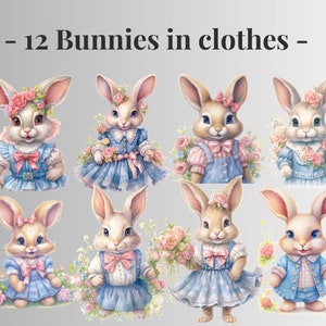 Watercolor Bunnies in Clothes Clipart Pack, Digital Bunny Clipart ...