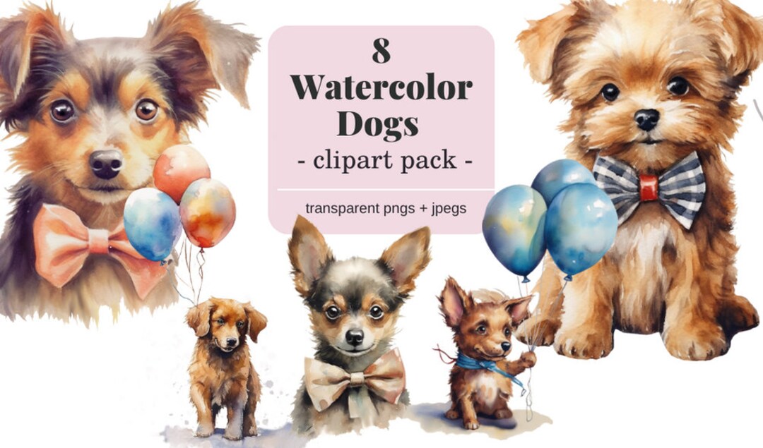 Cute Watercolor Dogs With Balloons Clipart Pack, Digital Puppy Clipart ...