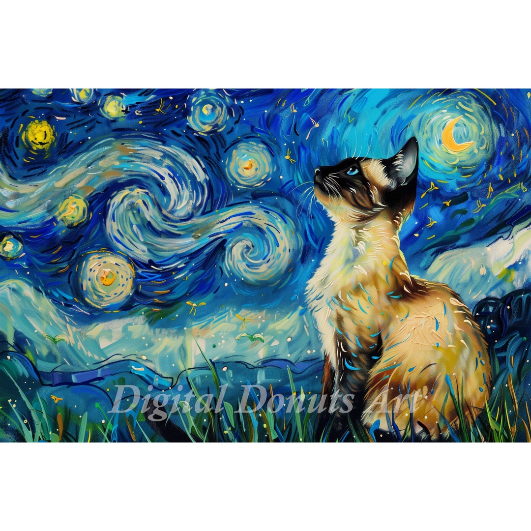 Siamese Cat Starry Night Art Print Picture Cat Art Gifts Home Decor ...