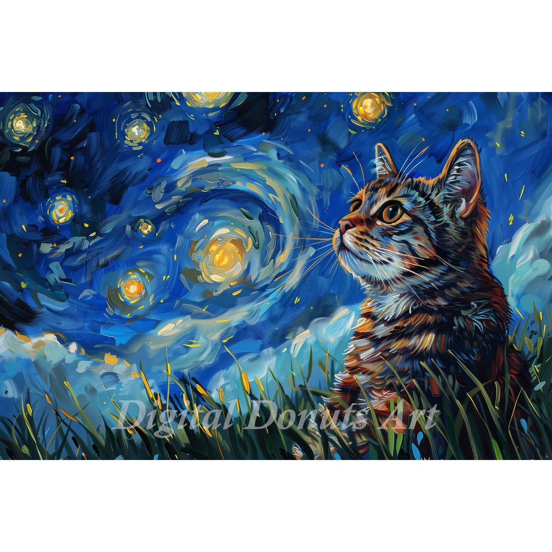Cat Starry Night Art Print: Whimsical Home Decor (digital Download) - Etsy
