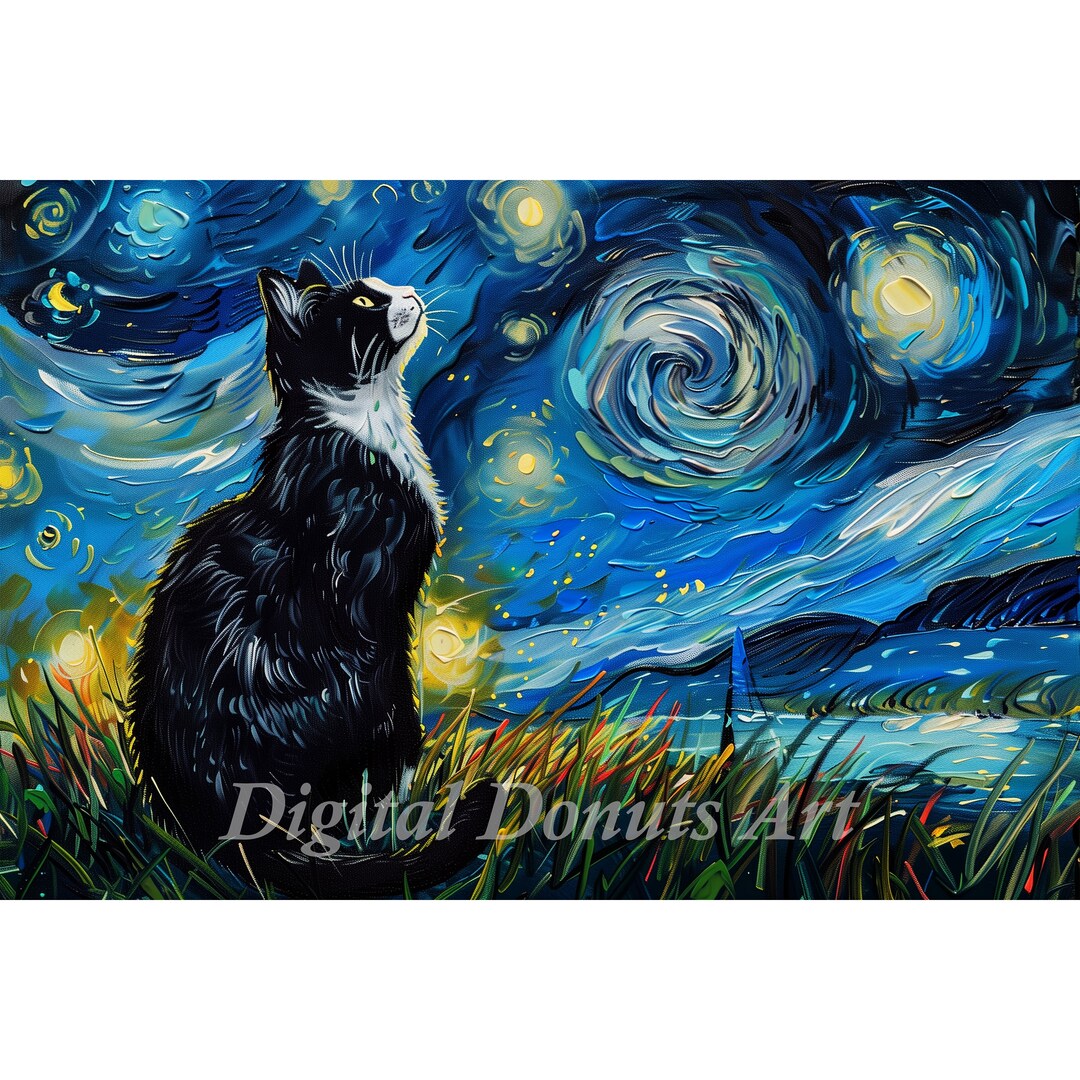 Tuxedo Cat Starry Night Art Print: Whimsical Home Decor (digital ...