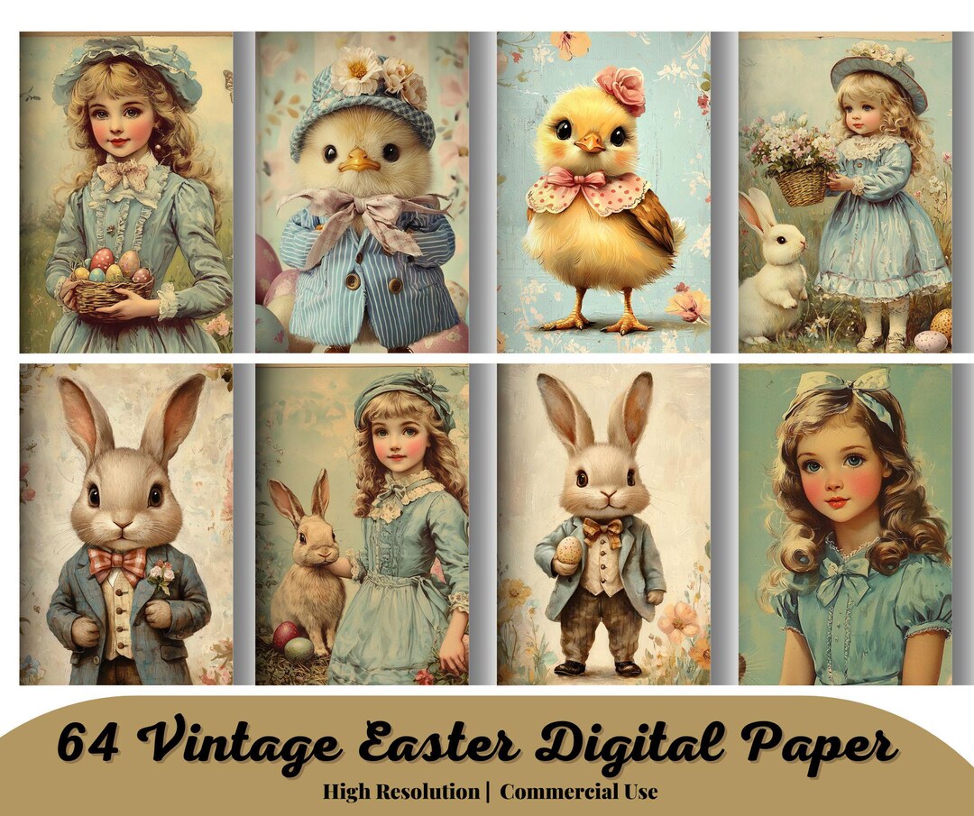 Printable Vintage Easter Digital Paper, Retro Spring Ephemera Collage ...