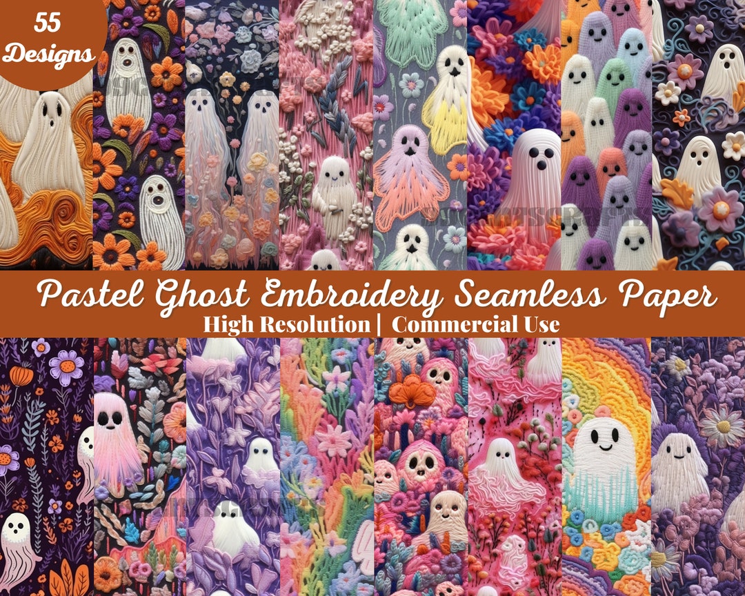 55 Pastel Ghost Embroidery Seamless Paper, Halloween Embroidery ...